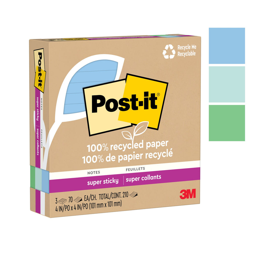 Post-it® Super Sticky Recycled Notes 675R-3SST, 4 in x 4 in (101 mm x ...
