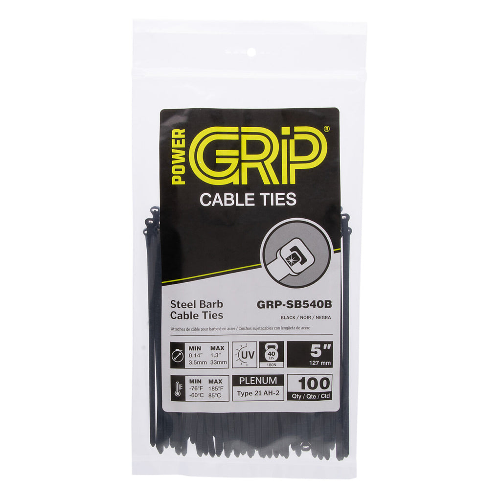 NSI GRP-SB540B 5”, Black Steel Barb 40lb Cable Tie, 100 Pack – EIO.com